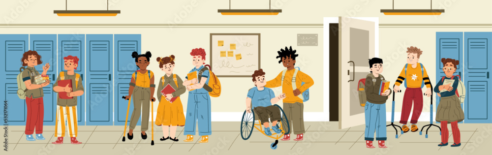 Disabled and healthy kids in school hall communicate. Multiracial ...