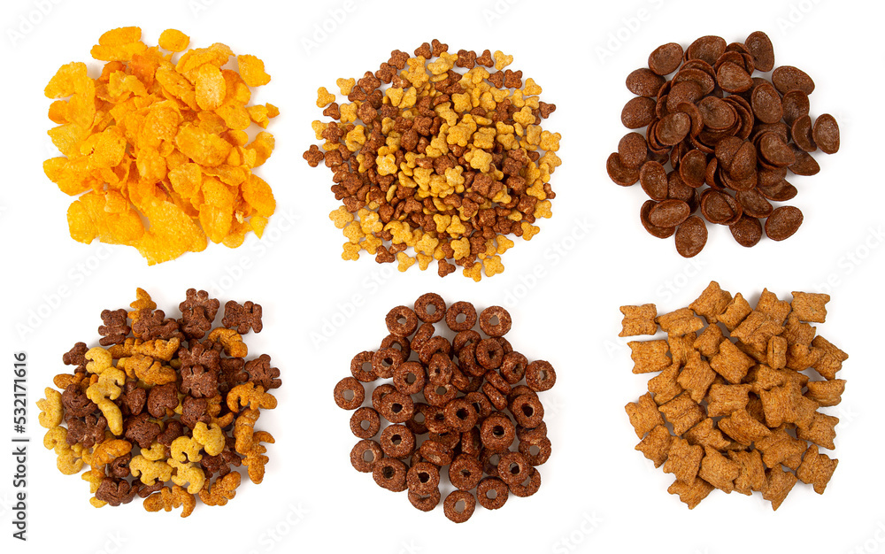Different types of breakfast cereals isolated on white background ...