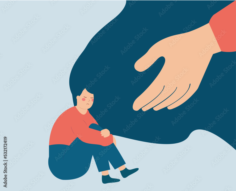 Human hand supports a sad woman to get rid of stress and depression ...