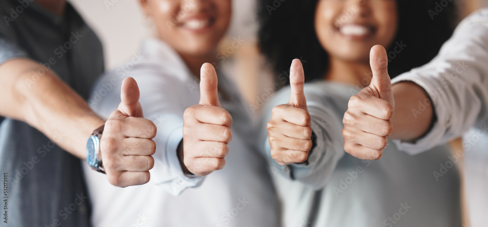 Success thumbs up, team support and happy with collaboration in office ...
