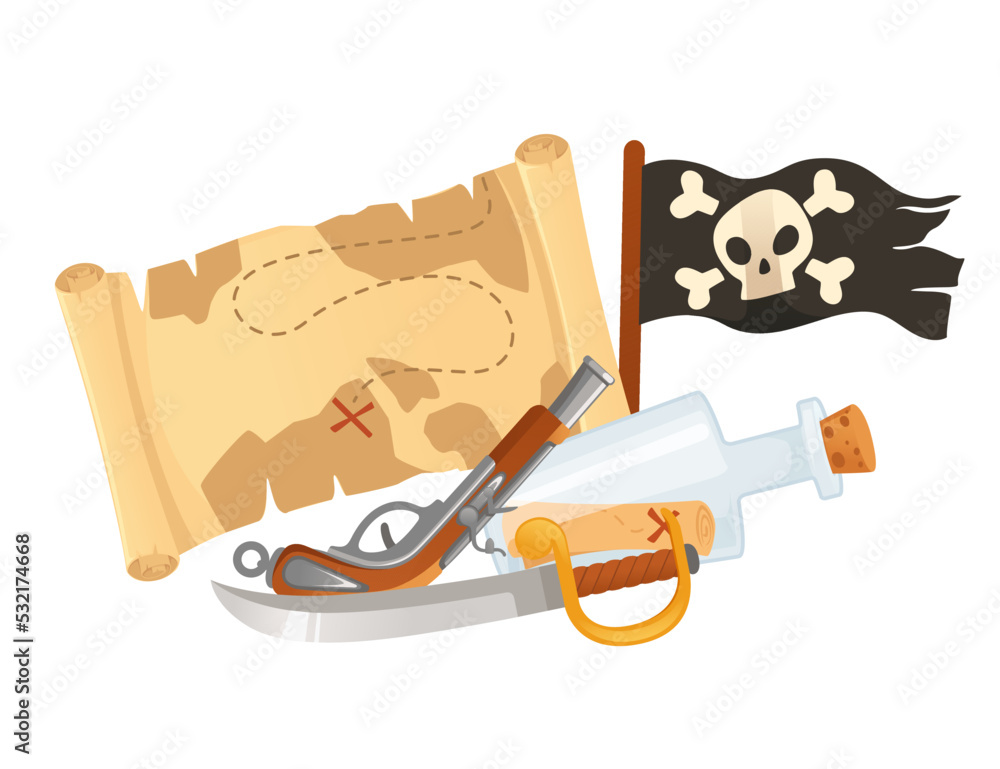 Illustration of pirate theme with treasure map flag and weapons vector ...