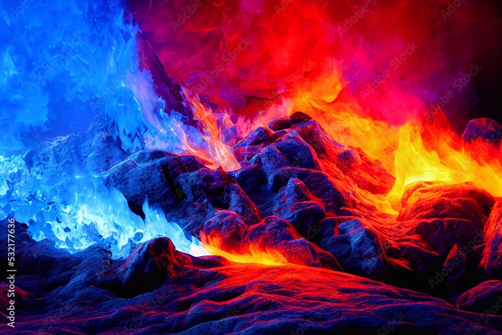 A computer generated fire and ice image depicting flames and ice ...