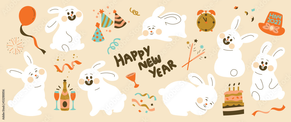 Set of cute white rabbit element vector. Adorable bunny with different ...