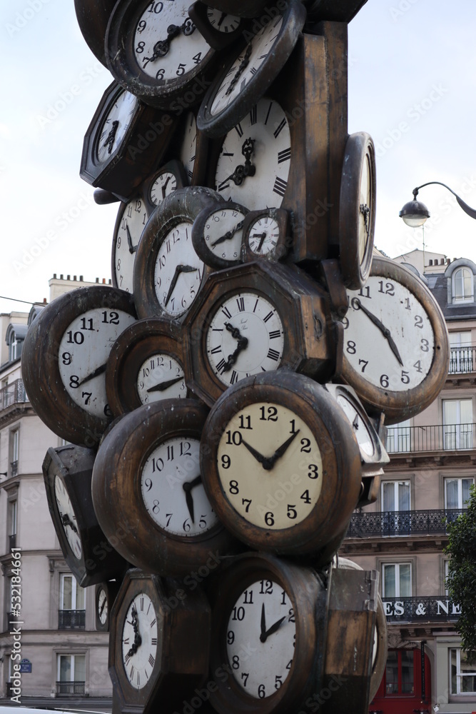 Paris, France - 20.07.2021 : The Clocks by Arman, clock sculpture at ...