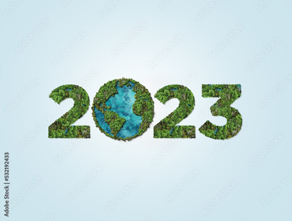 Fototapeta Green earth 2023. New Year 2023 green recycling and save our ...