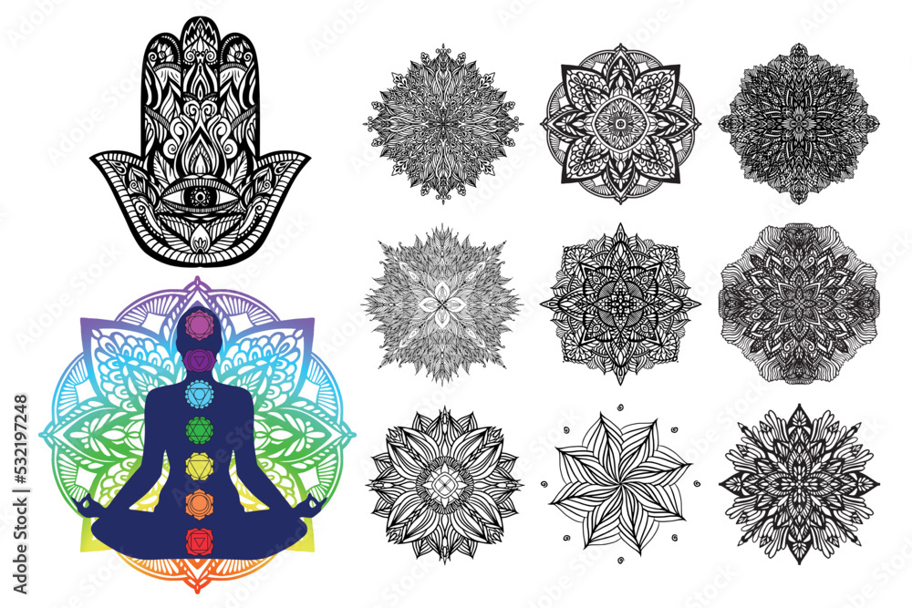 Big set with elements of Indian culture. Hanuman in Lotus yoga posses ...