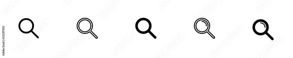 Conjunto de icono de buscar. Lupa buscador. Concepto de investigación y ...