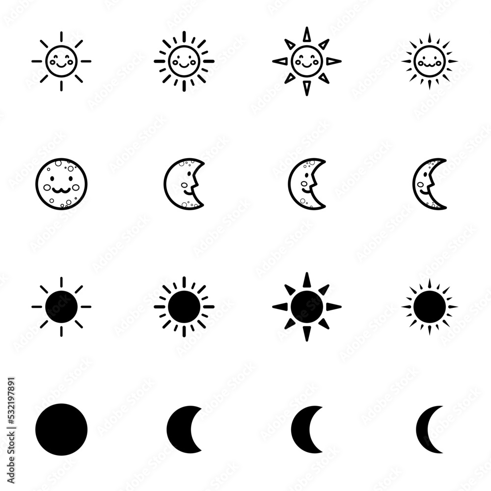 Conjunto de iconos de sol y luna de diferentes estilos. Ilustración ...