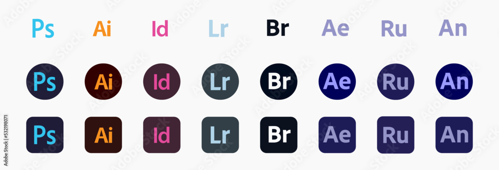 Adobe products logos collection. InDesign, Illustrator, Photoshop ...
