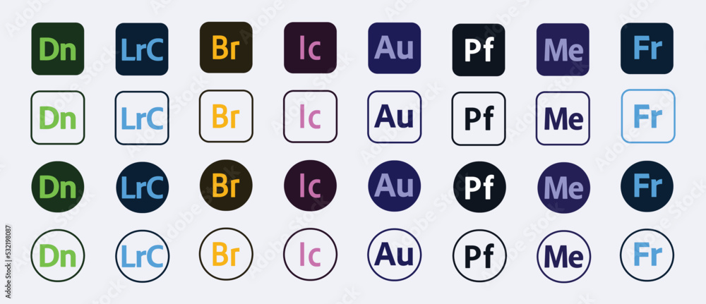 Adobe products logos collection, Adobe Dimension, Lightroom Classic ...