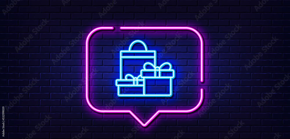 Neon light speech bubble. Gift boxes with bag line icon. Present or ...