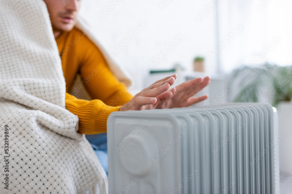 partial view of young man covered in blanket sitting on sofa and ...