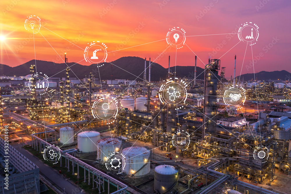 Oil refinery at twilight and night with industrial physical system icon ...