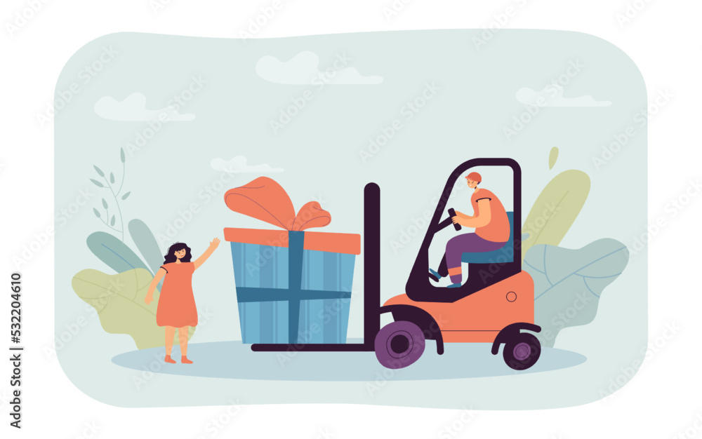 Courier on forklift delivering huge gift box to little girl. Cartoon ...
