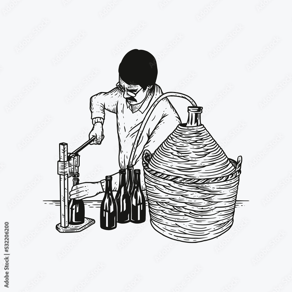 Vintage Classic Hand Drawing of Man Bottling The Wine in Glass Bottles ...