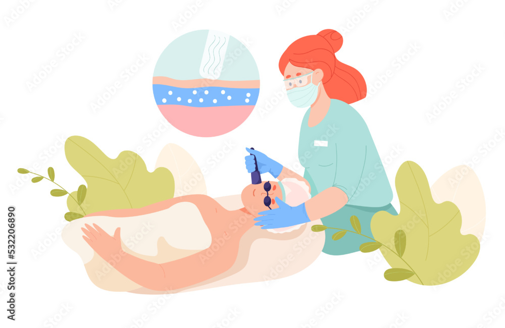 Doctor carrying out laser treatment of face of patient. Medical ...