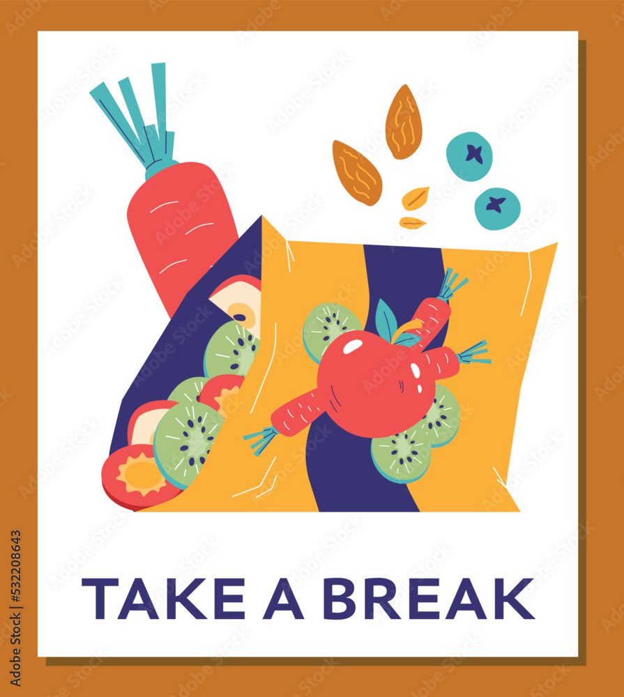 Take a break for healthy snack banner or poster template flat cartoon ...