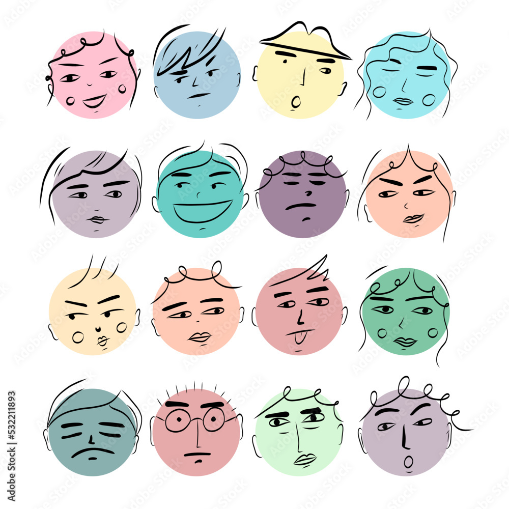 Round abstract comic faces with various emotions. Different cartoon ...