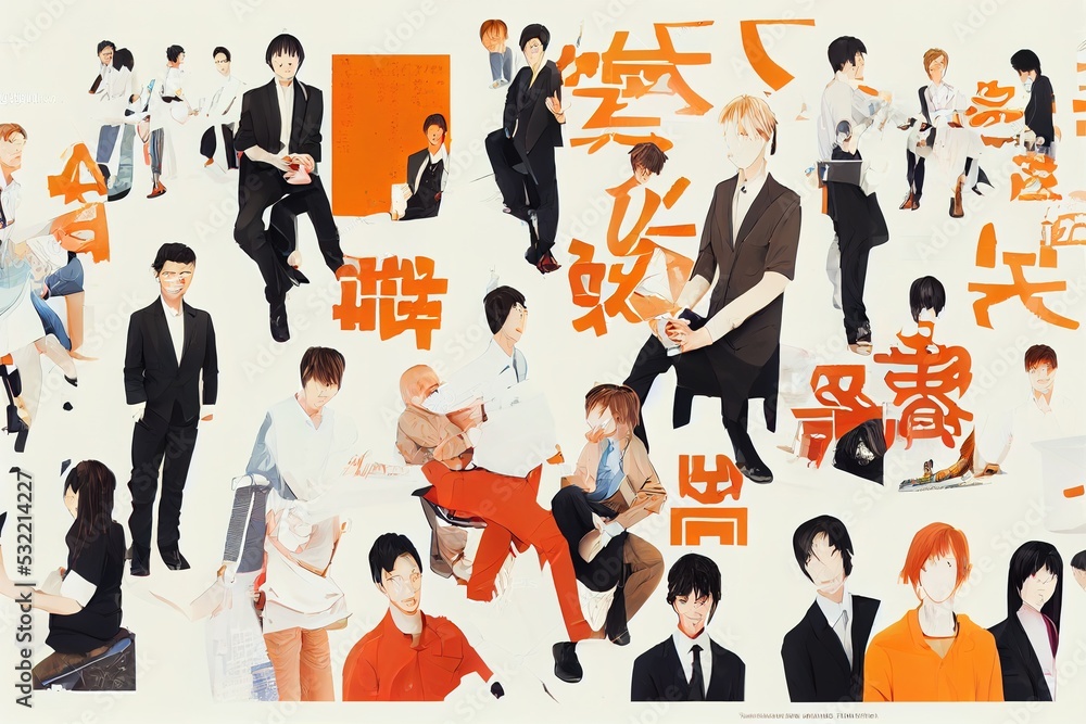 anime style, Contemporary art collage made of shots of young men and ...