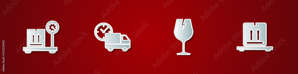 Set Scale with cardboard box, Delivery truck and clock, Fragile broken glass and Cardboard boxes ...