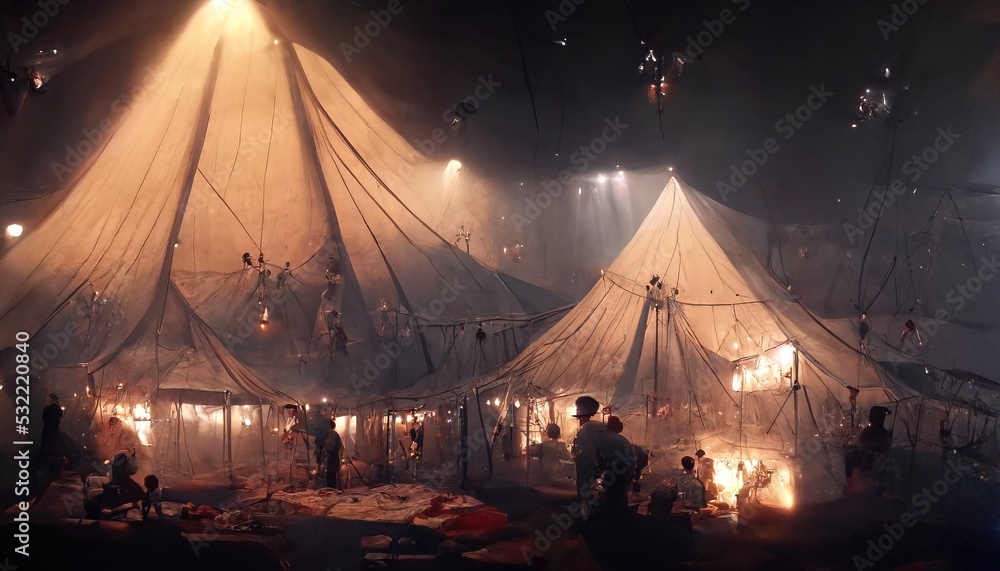 3D rendering of a abandoned circus tent at the land in dark situation ...