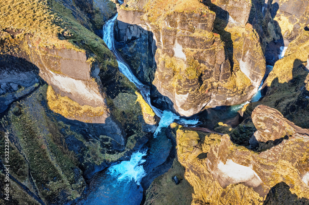 Overhead view of the Fjadrargljufur canyon in South-East Iceland. The ...