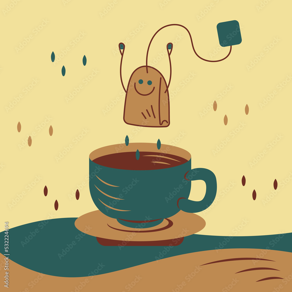 Tea and tea bag. A cute tea bag character joyfully jumps into a cup of ...