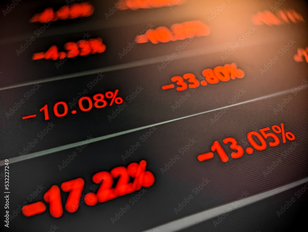Stock market price list with negative red numbers displayed on a ...
