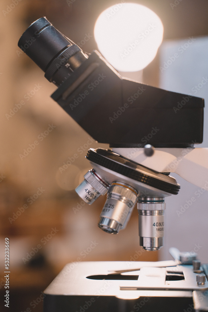 Microscope in laboratory science closeup research. Laboratory of ...