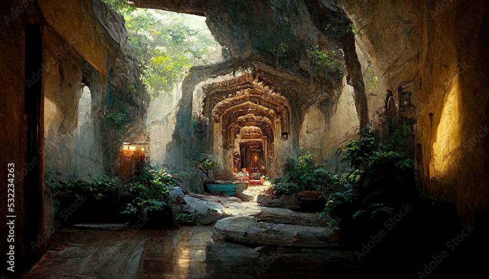 Digitally created artwork of a modern house built inside a cave Stock ...