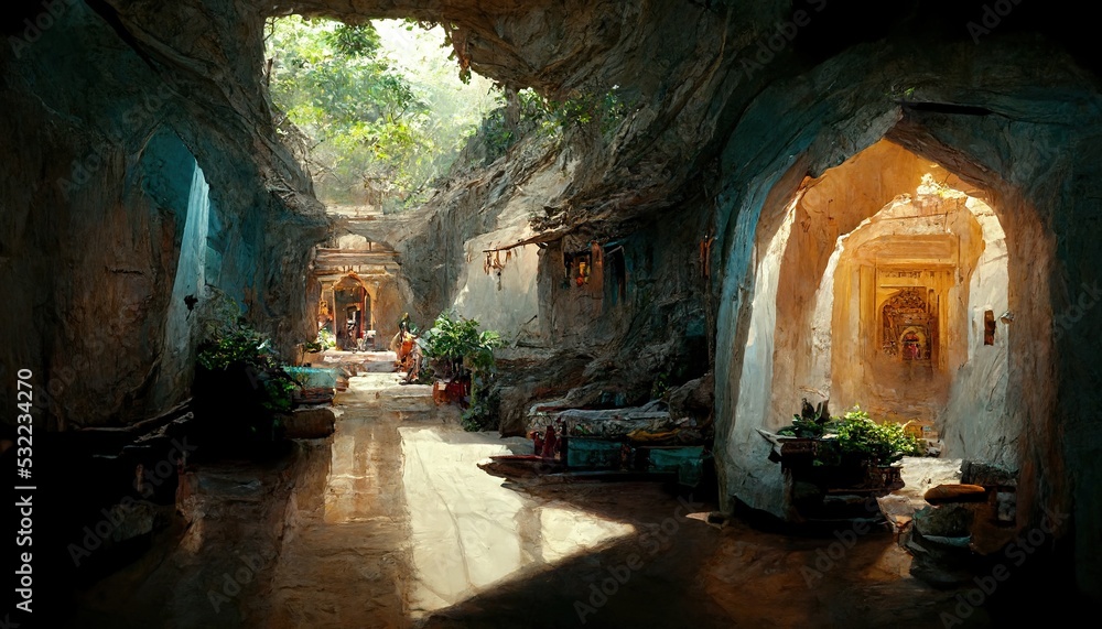 Digitally created artwork of a modern house built inside a cave Stock ...