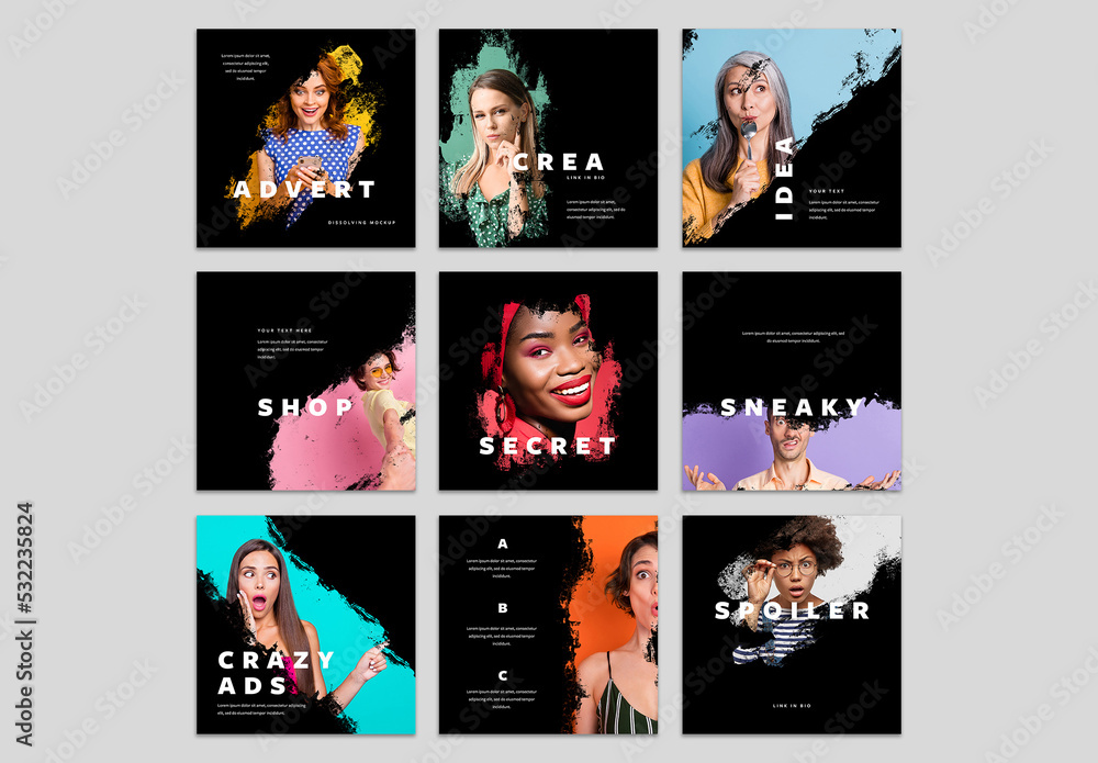 Social Media Posts With Grunge Photo Placeholders Stock Template ...