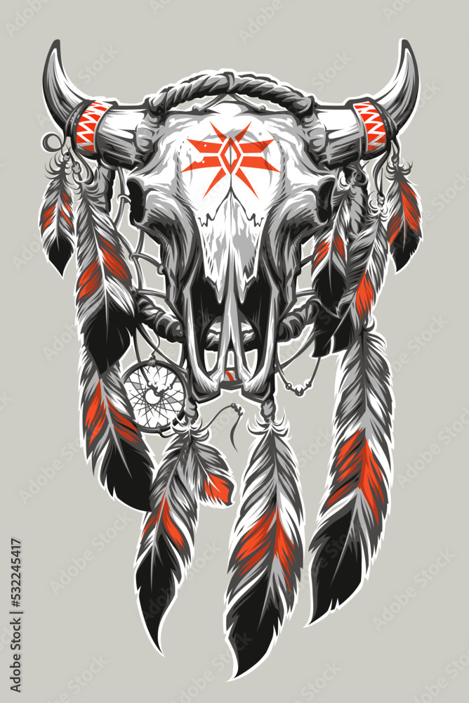 Native American bull skull with feathers and dream catcher Stock Vector ...
