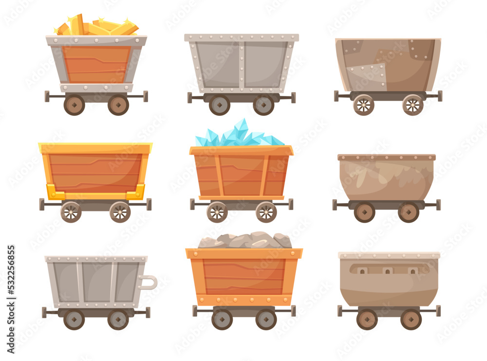 Wooden or metal carts or trolleys vector illustrations set. Cartoon ...