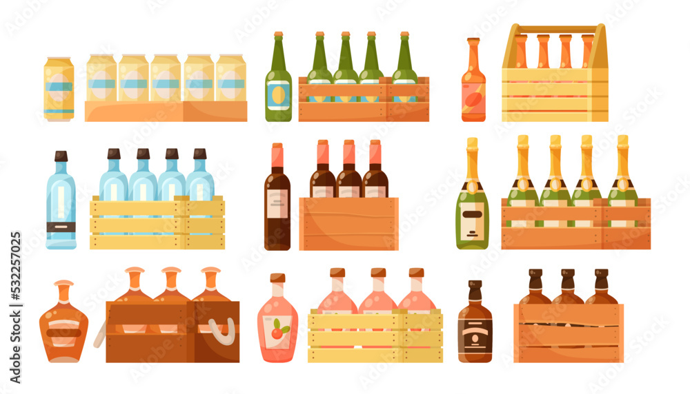 Wooden crates with alcoholic drinks vector illustrations set. Cartoon ...