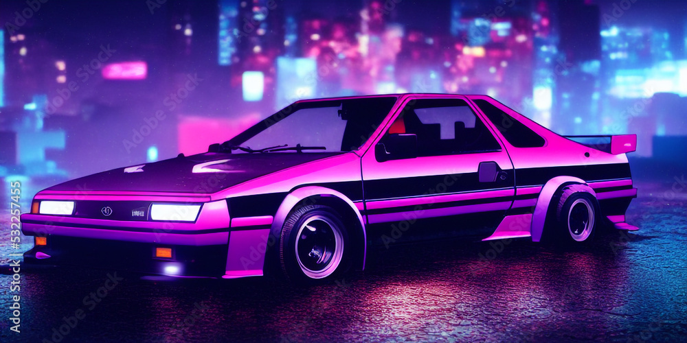 AE86 style concept Retro racing car with spoilers on abstract neon city ...