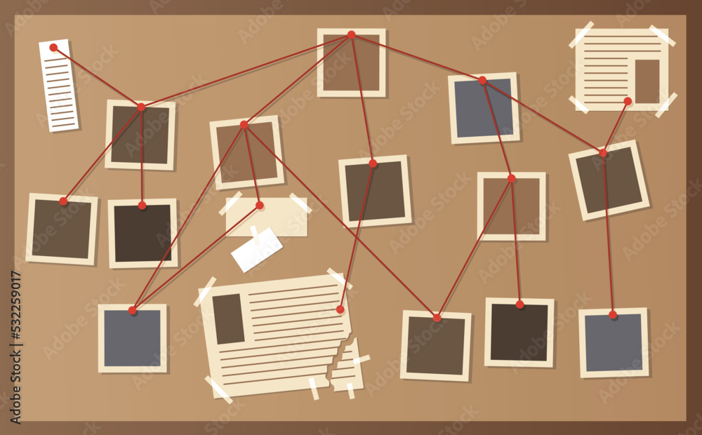 Detective office interior element. Wall board, wits and deduction ...