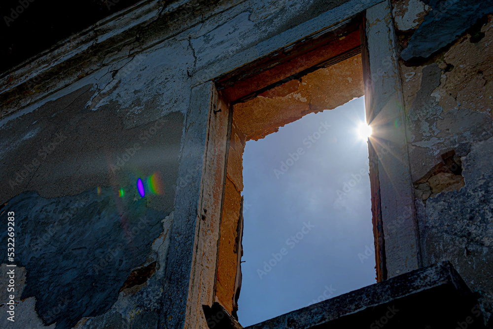 Classic wooden window frame with sun beams, Vintage wooden frame on old ...