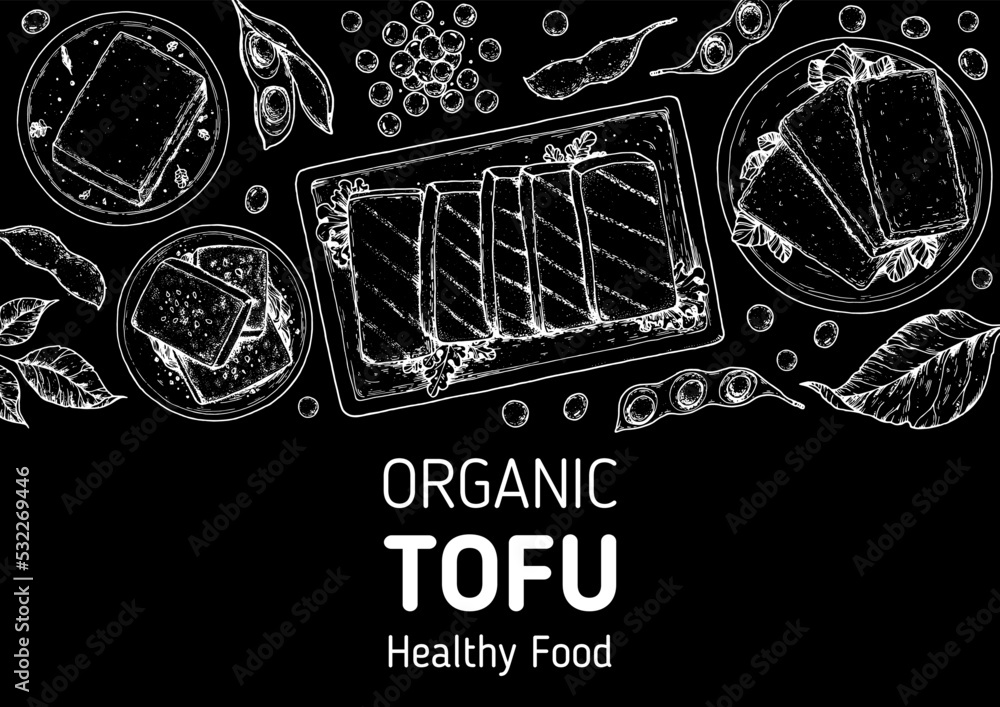 Tofu top view frame. Hand drawn vector illustration. Tofu sketch. Asian ...