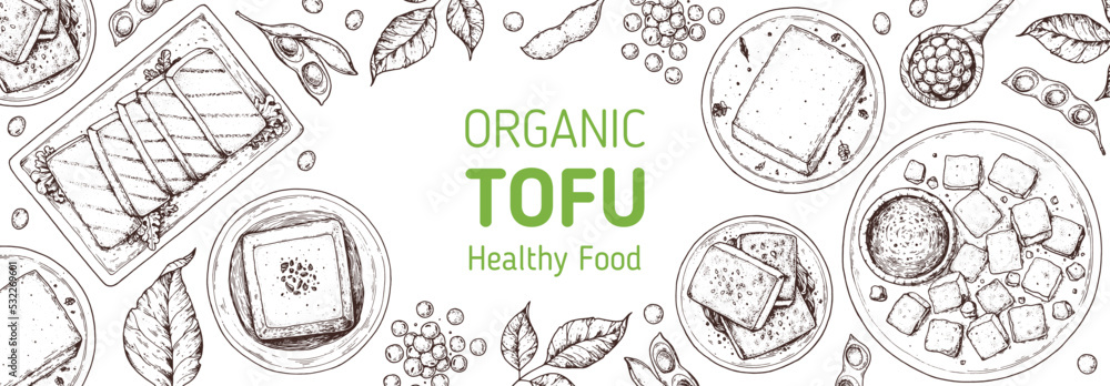 Tofu top view frame. Hand drawn vector illustration. Tofu sketch. Asian ...