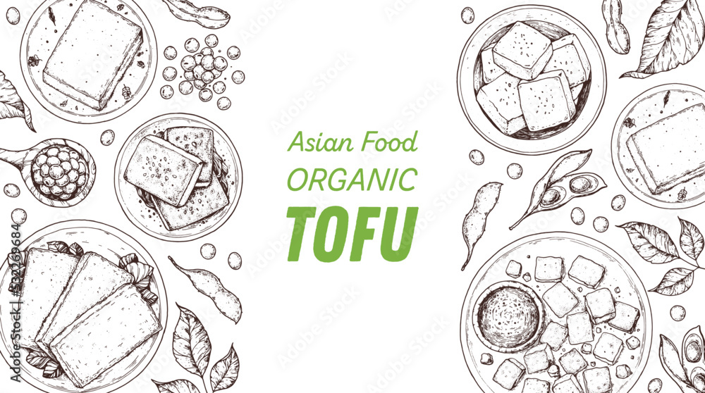 Tofu top view frame. Hand drawn vector illustration. Tofu sketch. Asian ...