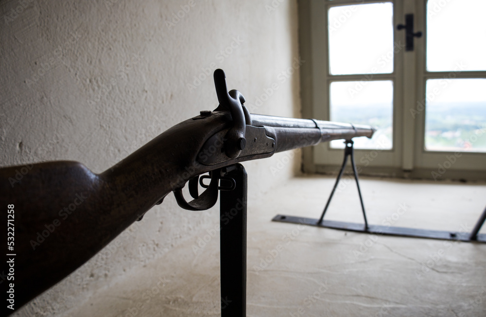 Old weapons in a museum in Austria. Old gun in the museum. New sniper ...