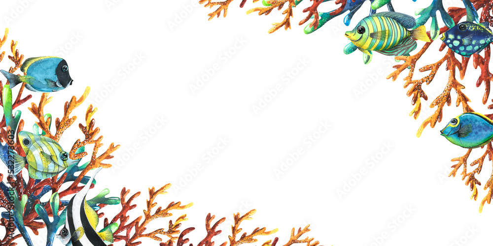Coral reef with bright tropical fish. Watercolor illustration. Banner ...