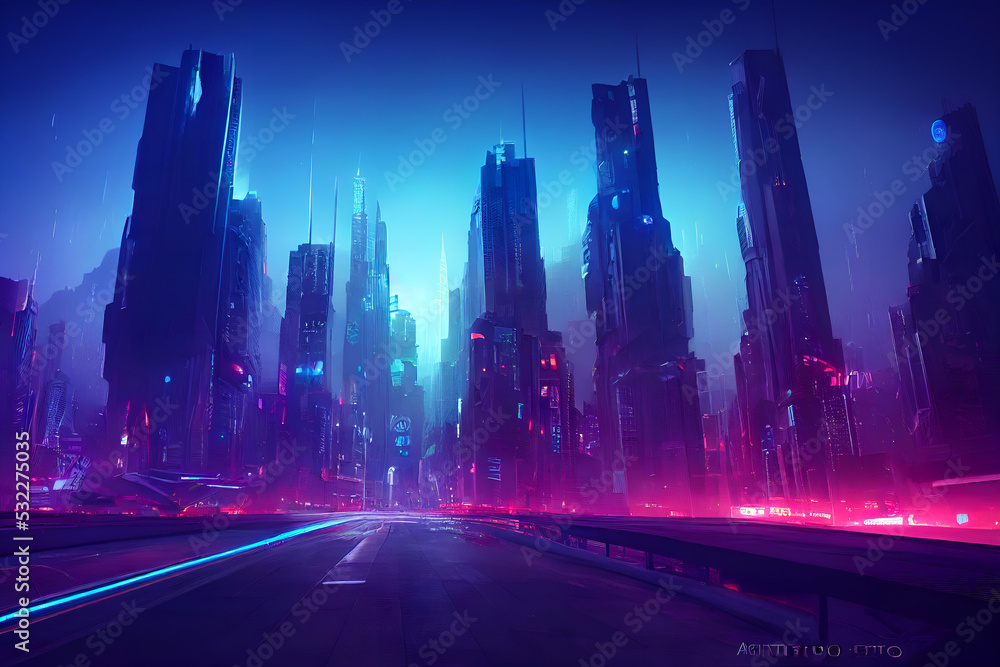 A Digital Illustration of a futuristic, cyberpunk city with skylines ...