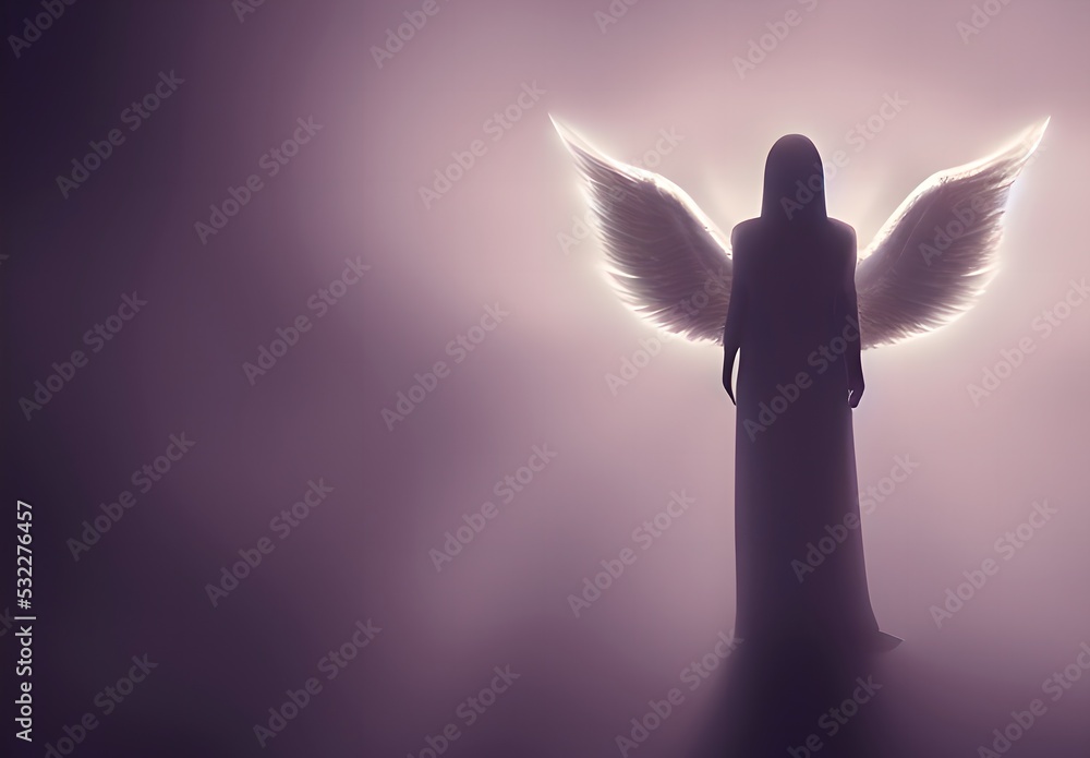computer illustration of silhouette of female angel statue with wings ...