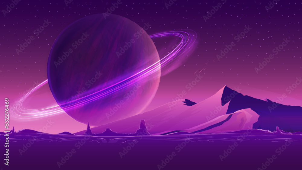 Nature on another planet with a huge planet on the horizon. Mars purple ...