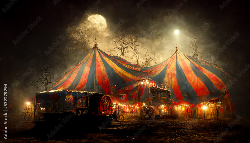 halloween haunted circus with wagons digital concept illustration ...
