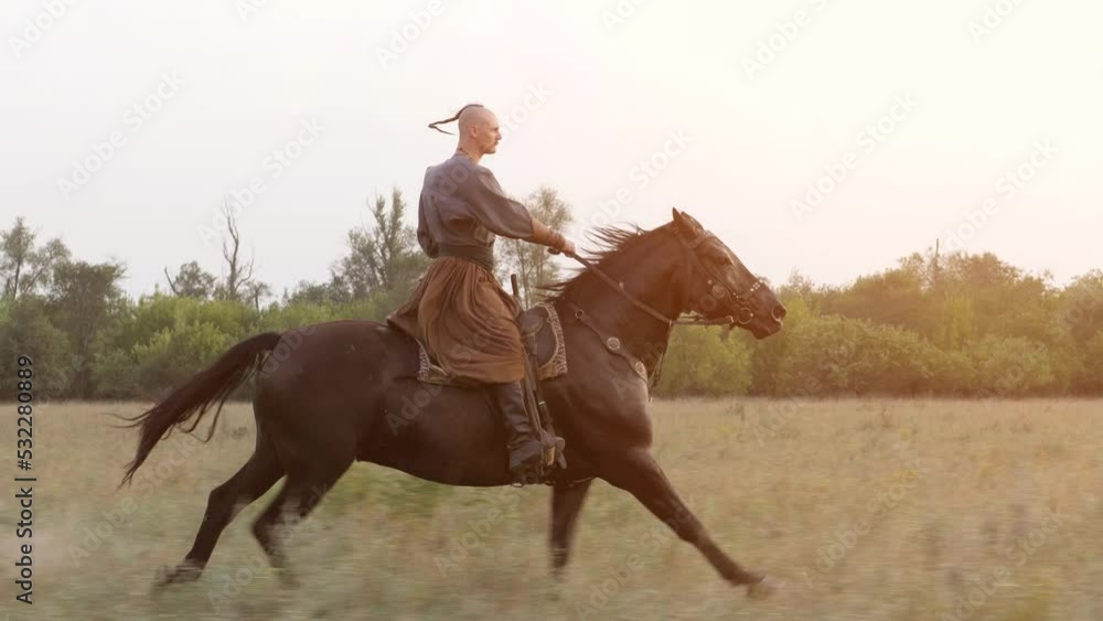 Zaporizhian Cossack with on horseback. Ukrainian ancient warrior ...