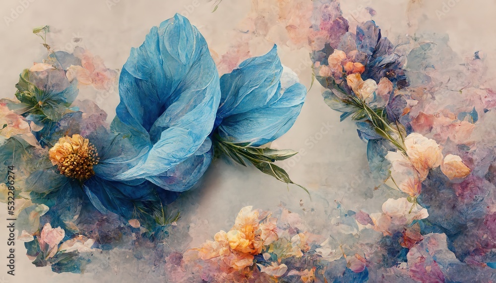 Raster illustration of beautiful blue flower arrangement with bracelet ...