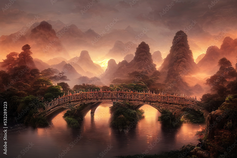 Fantasy landscape, Chinese bridge between the islands, an ancient ...